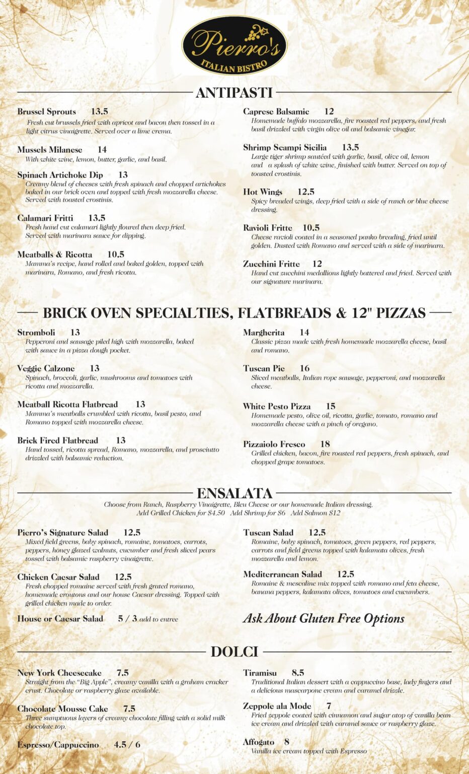 Italian Bistro Menu | Pierro's Italian Bistro